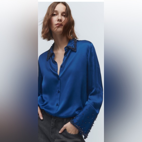 Zara | Tops | Zara Rhinestone Satin Effect Shirt | Poshmark